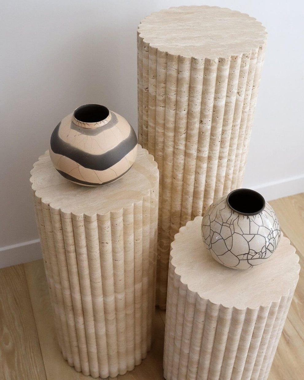 Travertine Elegance Pillar Trio – Sculptural Nested Set for Modern Spa ...